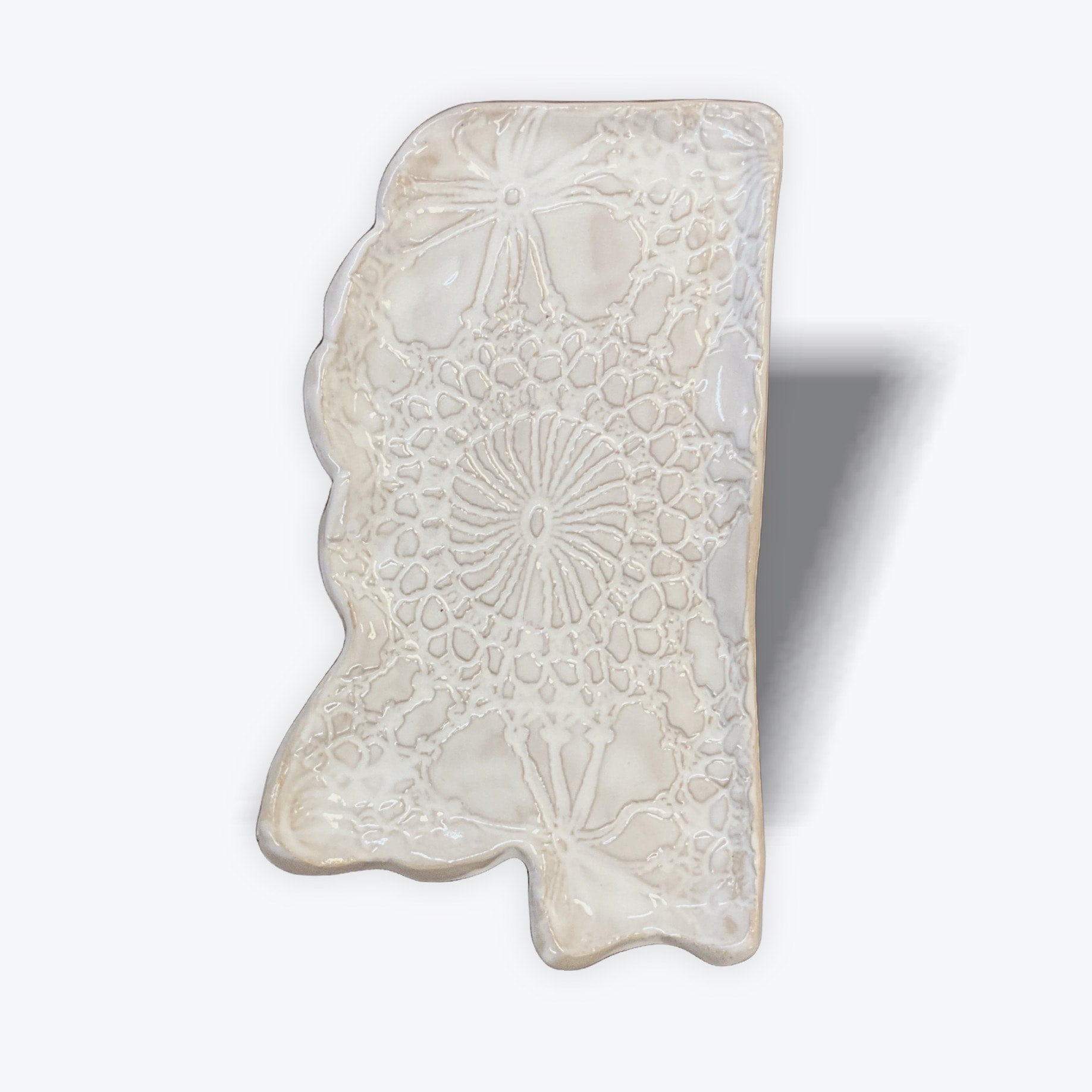 #369 Lace state shaped plate | Tab Boren Pottery